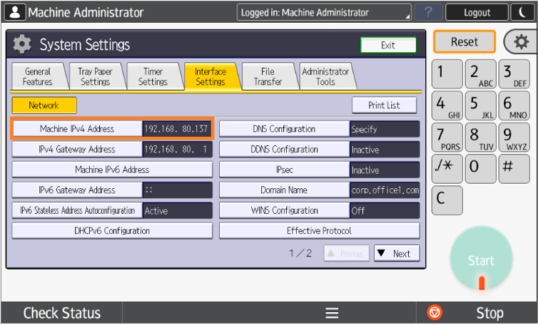 Finding the IP Address on a Ricoh MFP to Access Ricoh Web Image Monitor